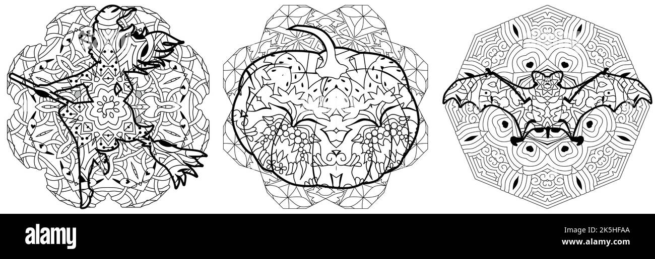 Hand-painted art design. Hand drawn illustration of a witch, bat and ...