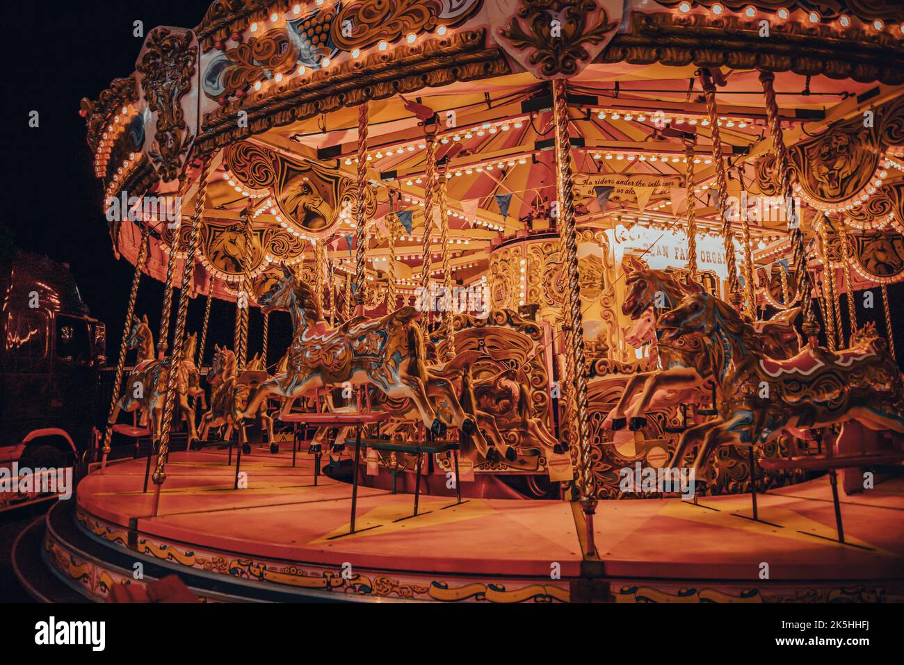 Funfair, Barnstaple, Devon UK September 12th 2022, Carousel at Public open air fairground Stock ...