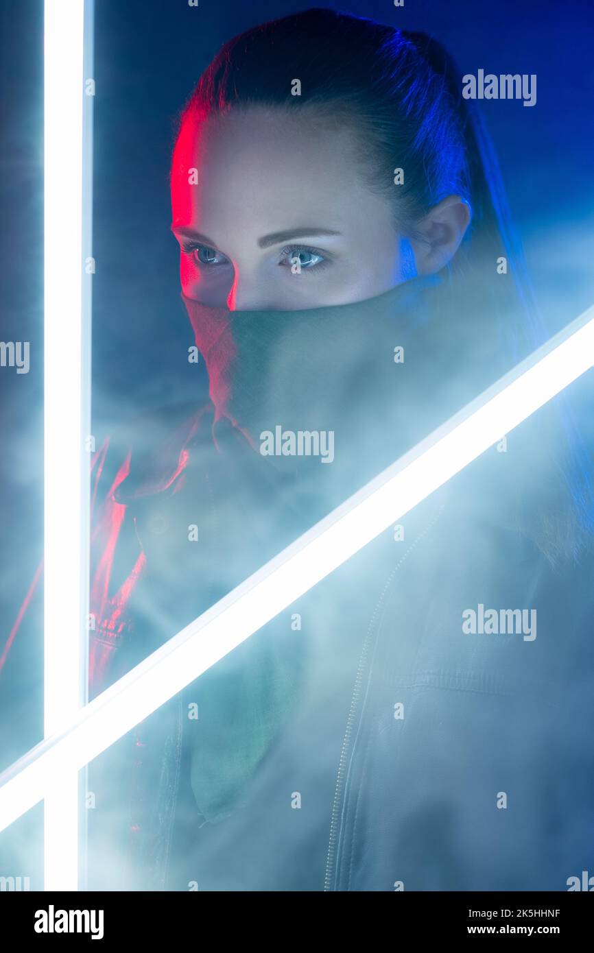 cyberpunk girl apocalyptic portrait cyborg in neon Stock Photo - Alamy