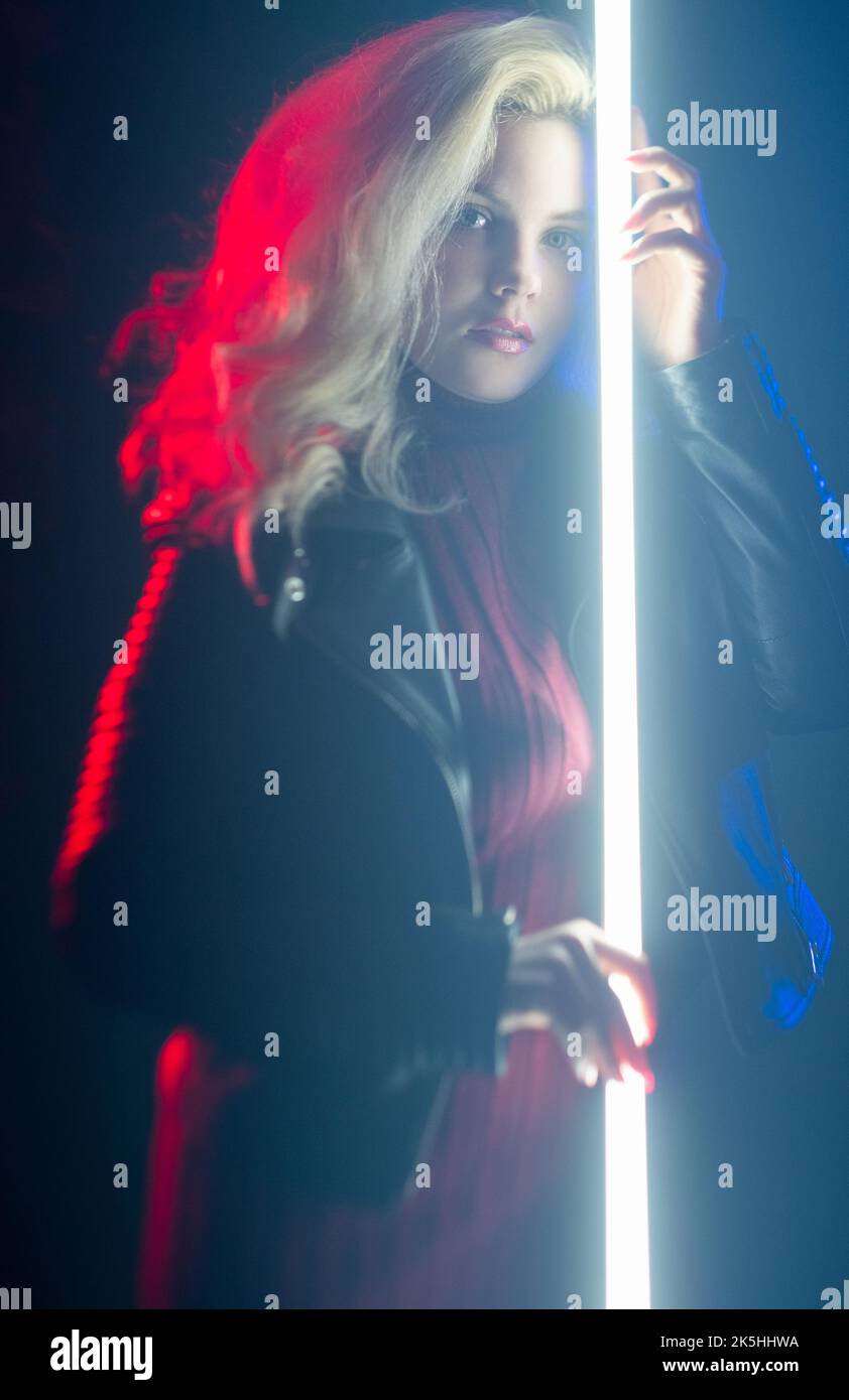 cyberpunk beauty night portrait neon light woman Stock Photo - Alamy