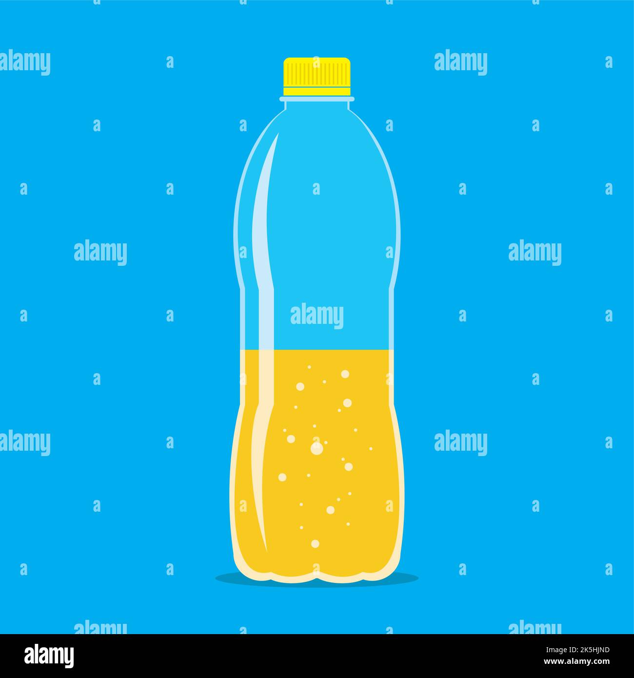 Plastic bottle half filled of fresh sparkling orange juice. Flat icon isolated on sky blue ...