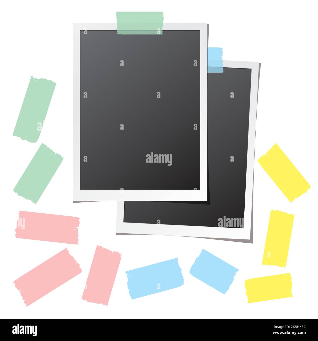 Retro photo cards fixed on white background and collection of colorful ...