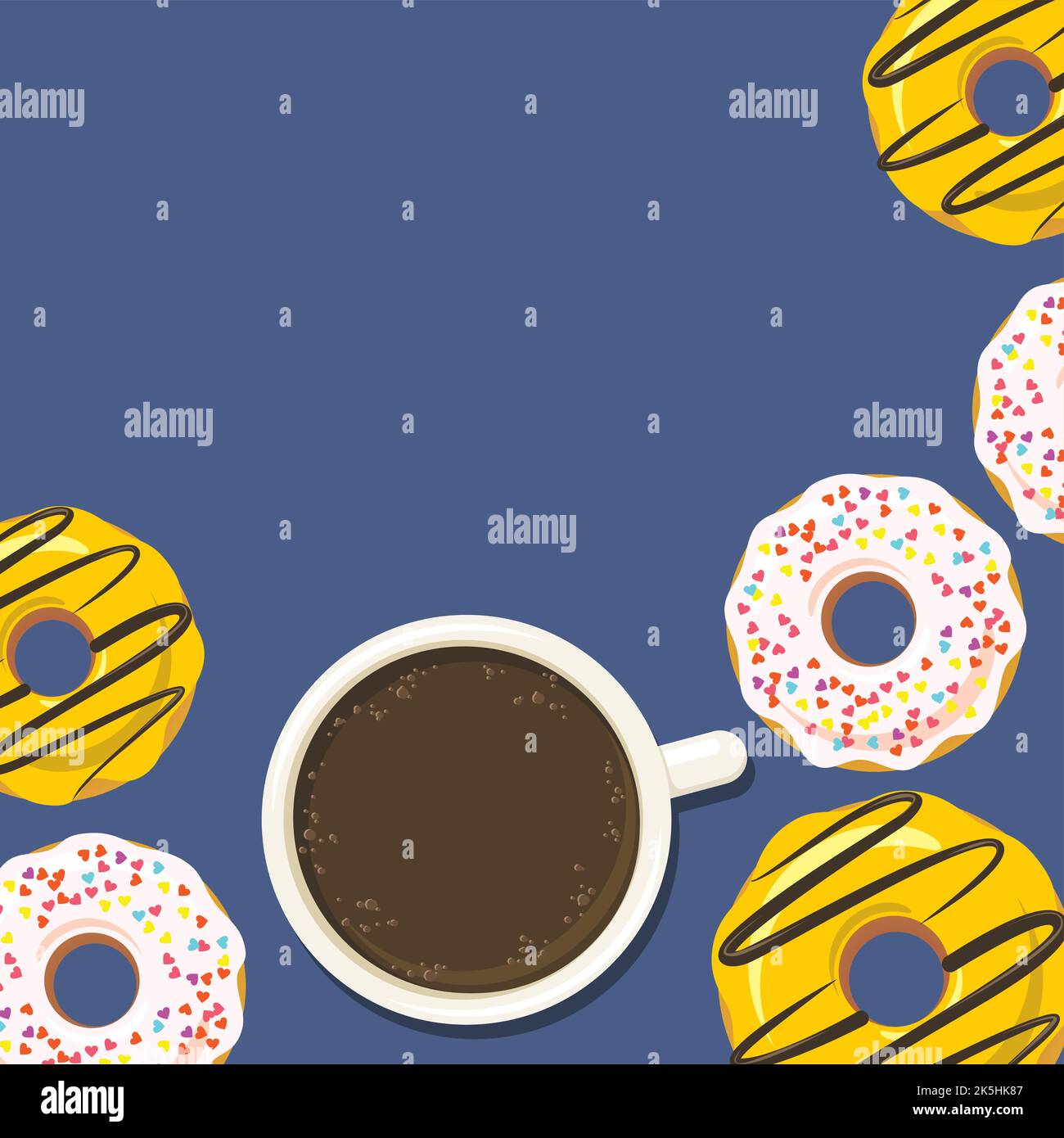 Donuts and cup of coffee or hot chocolate. Sweet sugar icing doughnuts ...