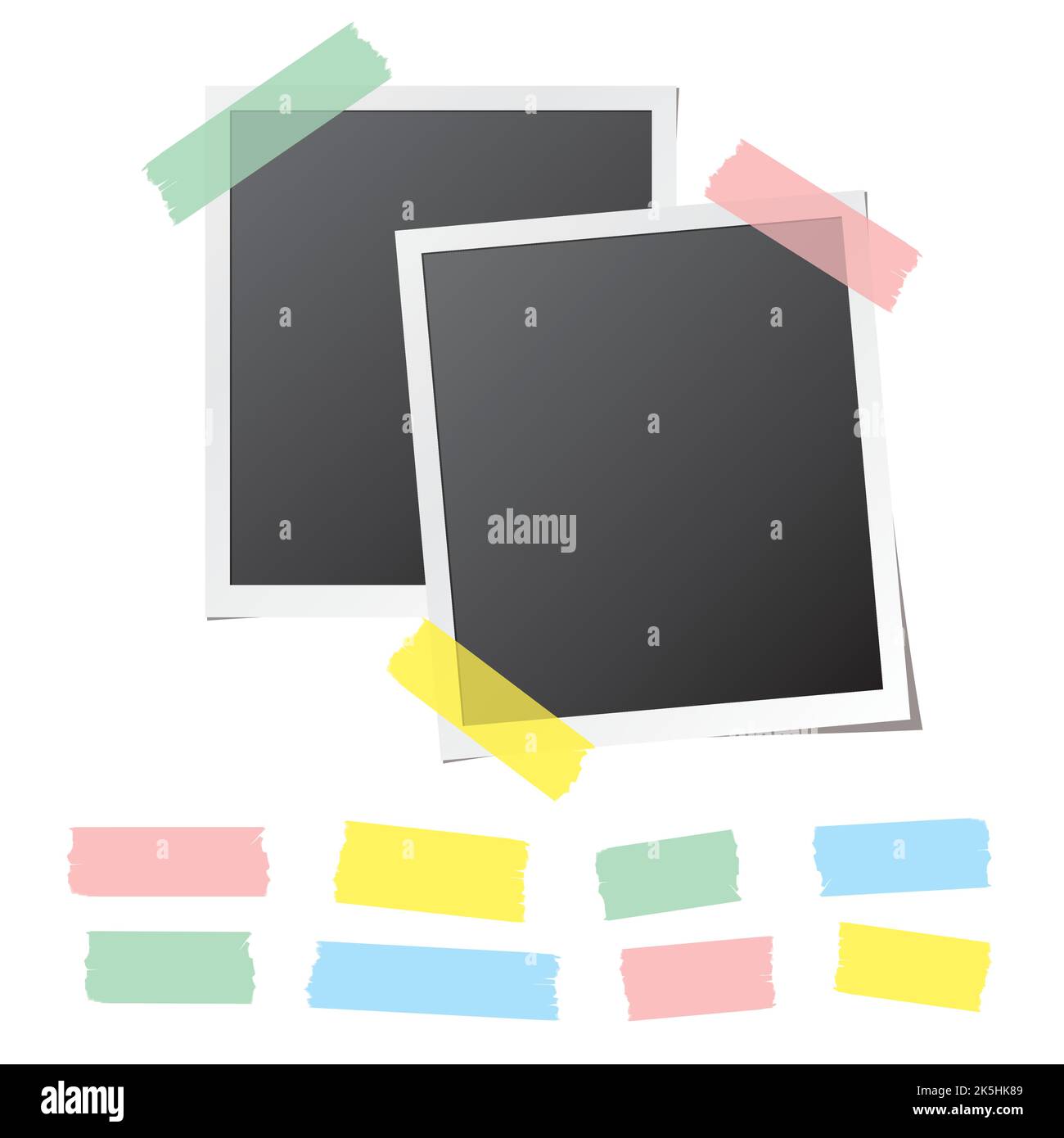 Retro photo cards fixed on white background and collection of colorful ...