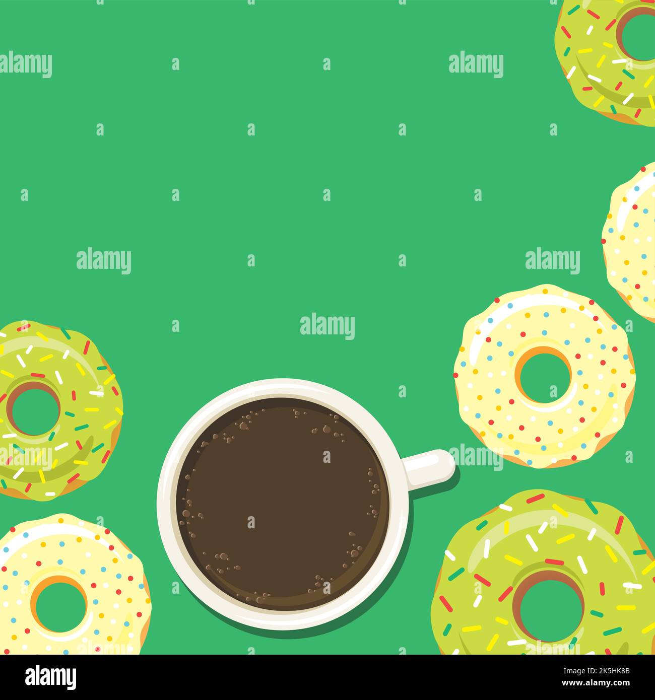 Donuts and cup of coffee or hot chocolate. Sweet sugar icing doughnuts ...