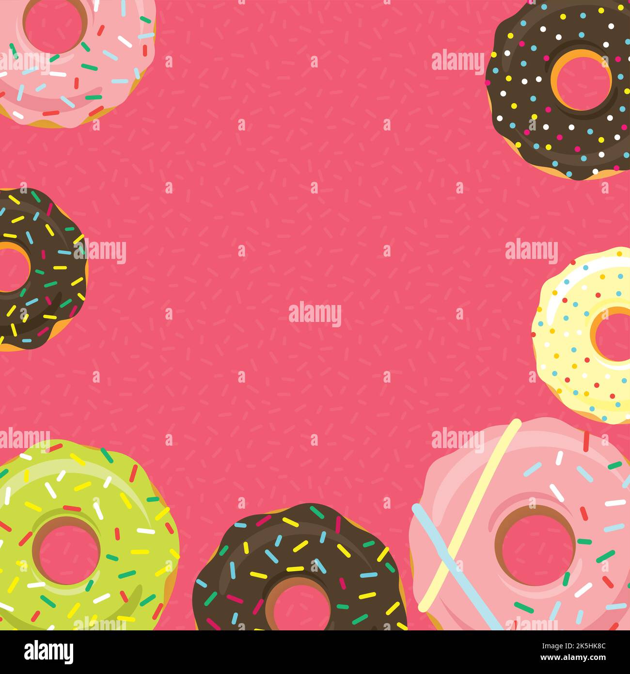 Colorful donuts around pink empty space. Sweet icing doughnuts in the ...