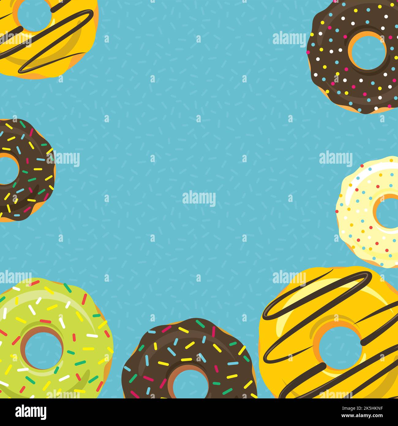 Colorful donuts around blue blank space. Sweet icing doughnuts in the ...