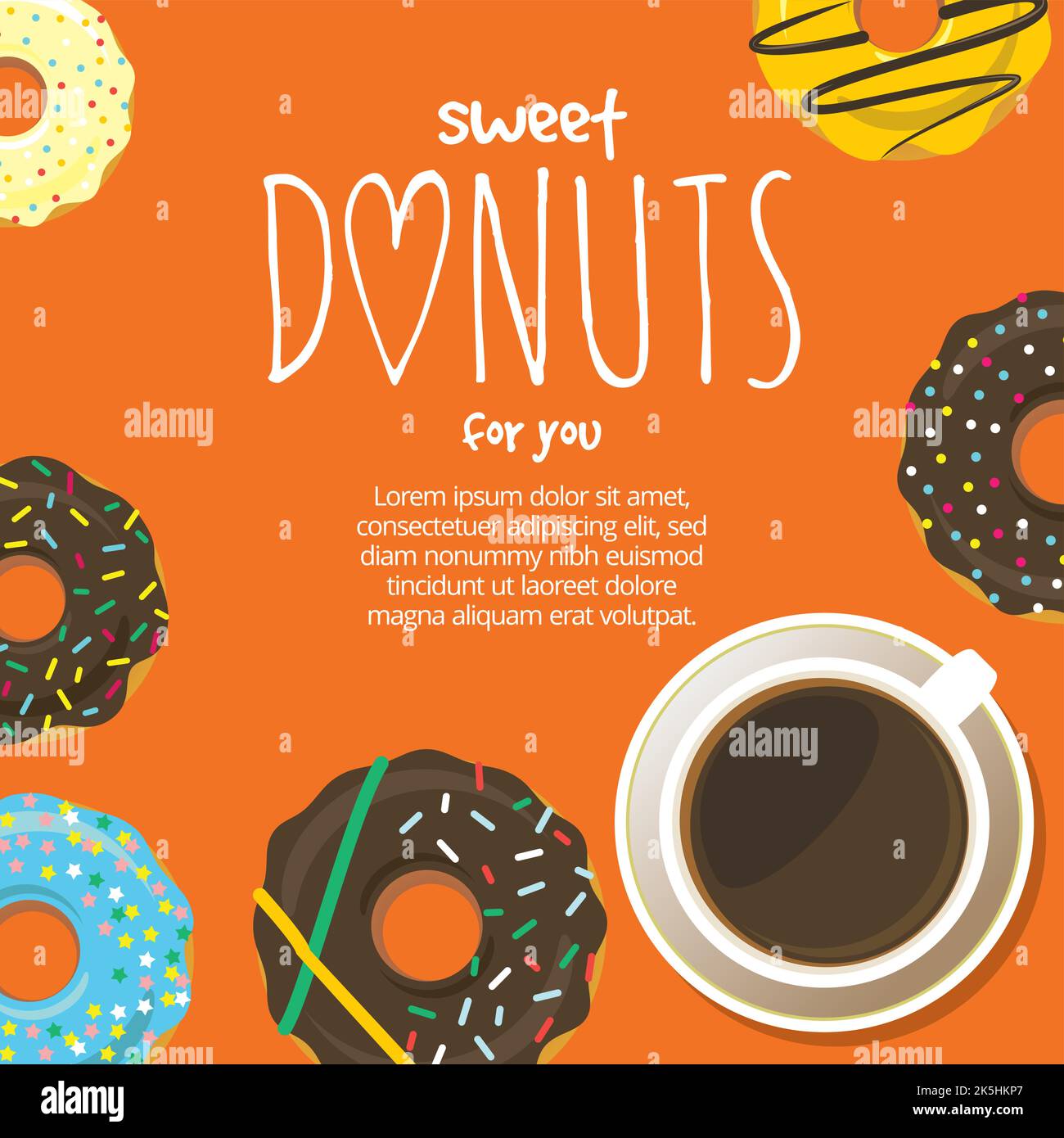 Cup of coffee or hot chocolate and donuts around. Sweet icing doughnuts ...
