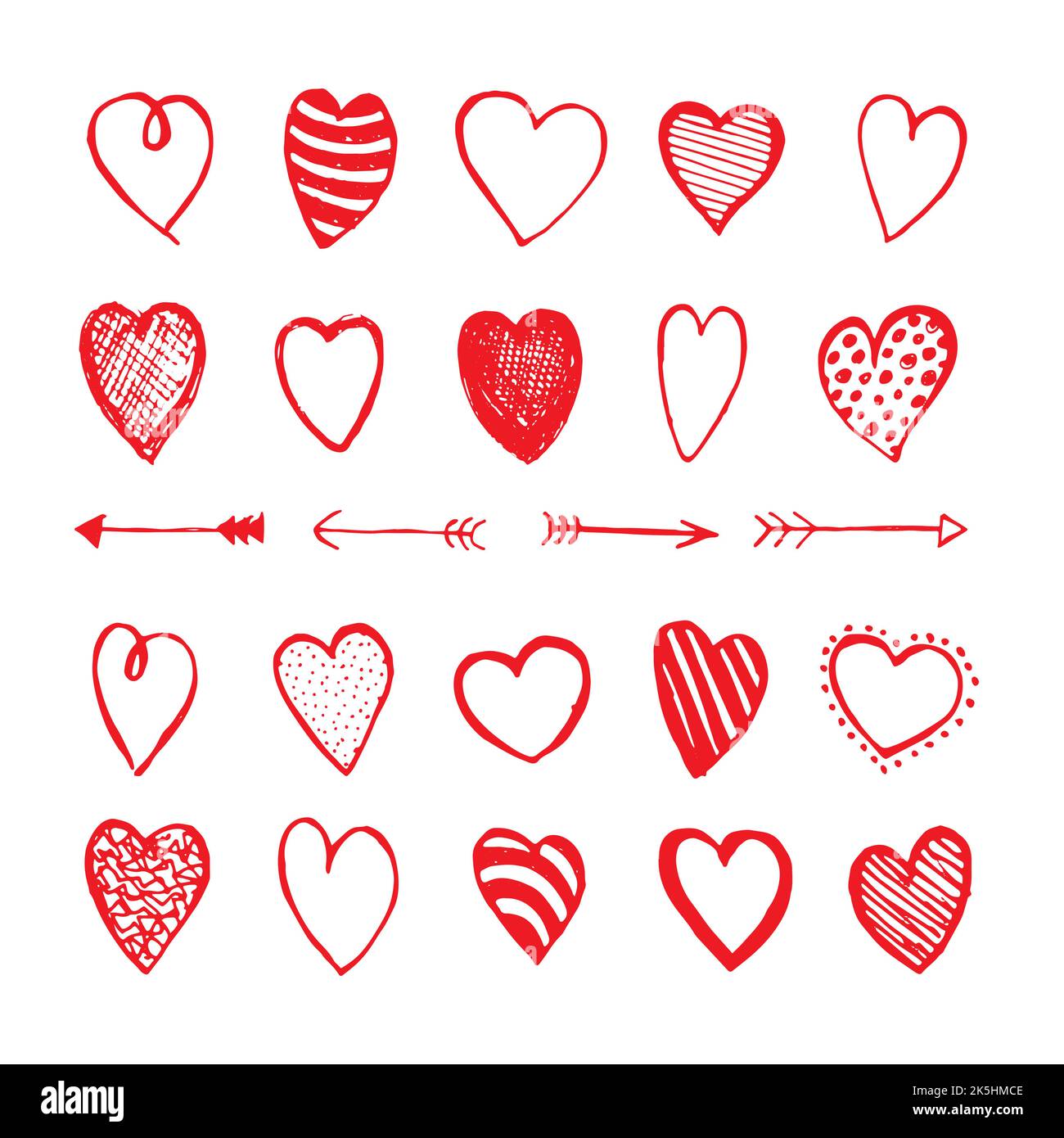 Heart and arrows icons hand drawn set in doodle style. Sketchy design ...