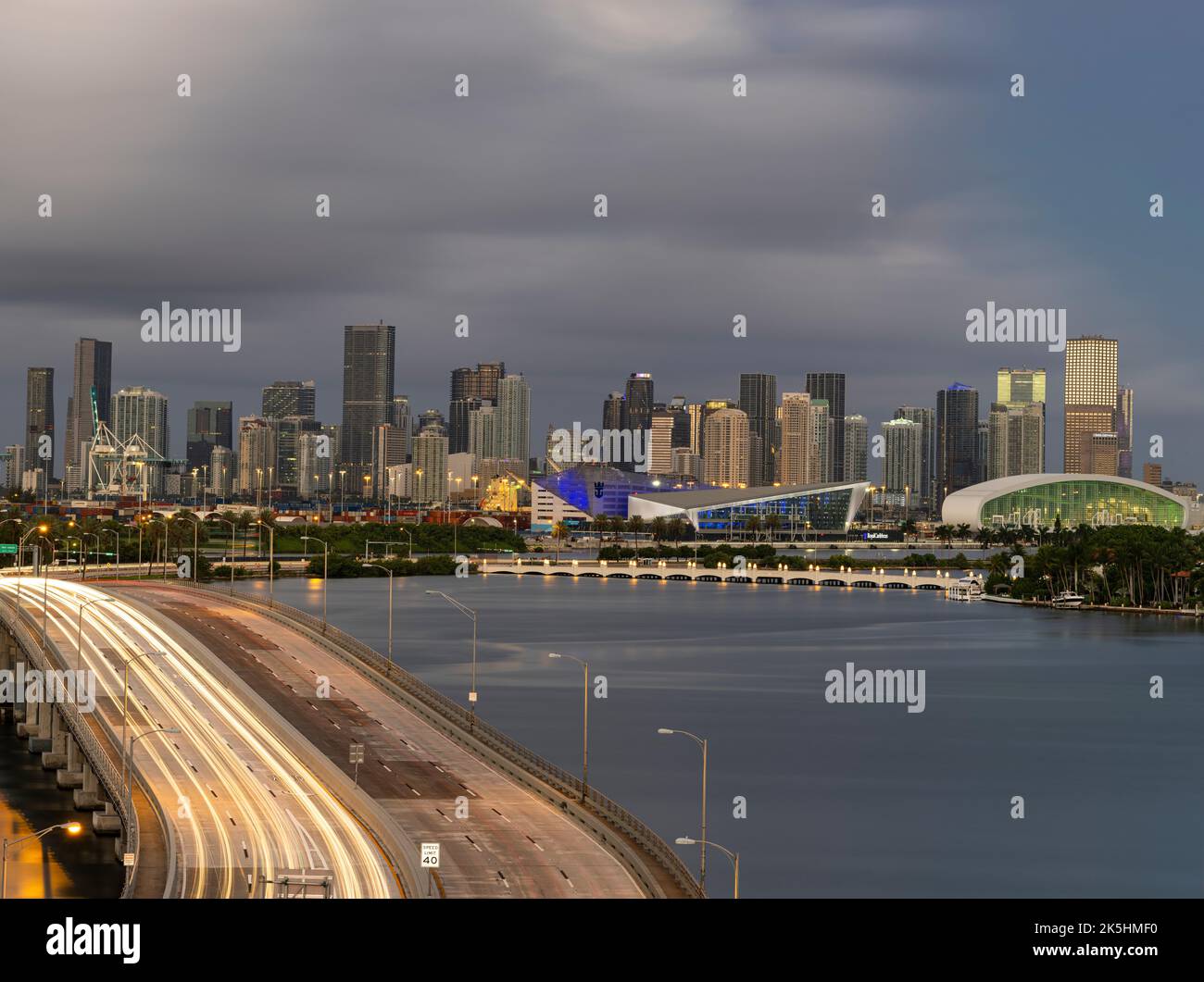 An aerial long exposure shot of the modern Miami Beach city Stock Photo ...