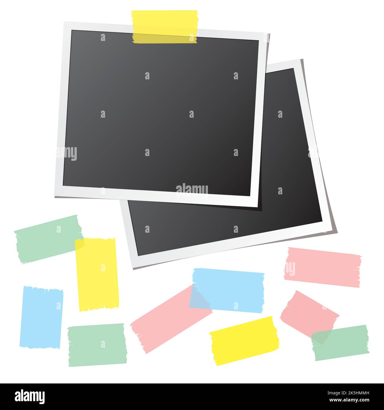 Retro photo cards fixed on white background and collection of colorful ...