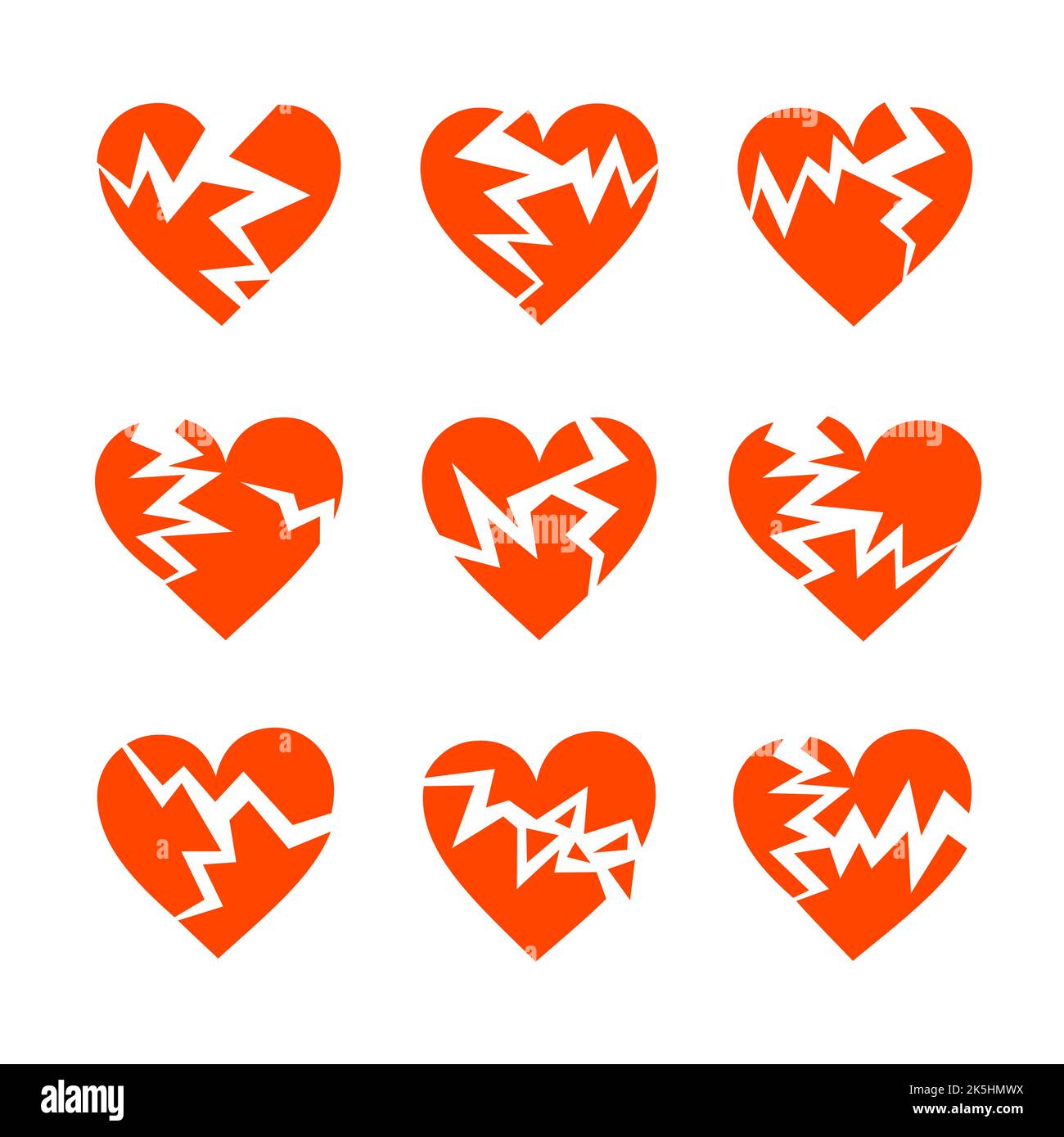 Red cracked hearts flat icons set. Wrecked heart symbols isolated on ...