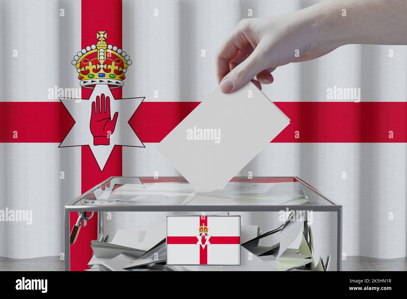 Northern Ireland flag, hand dropping ballot card into a box - voting ...