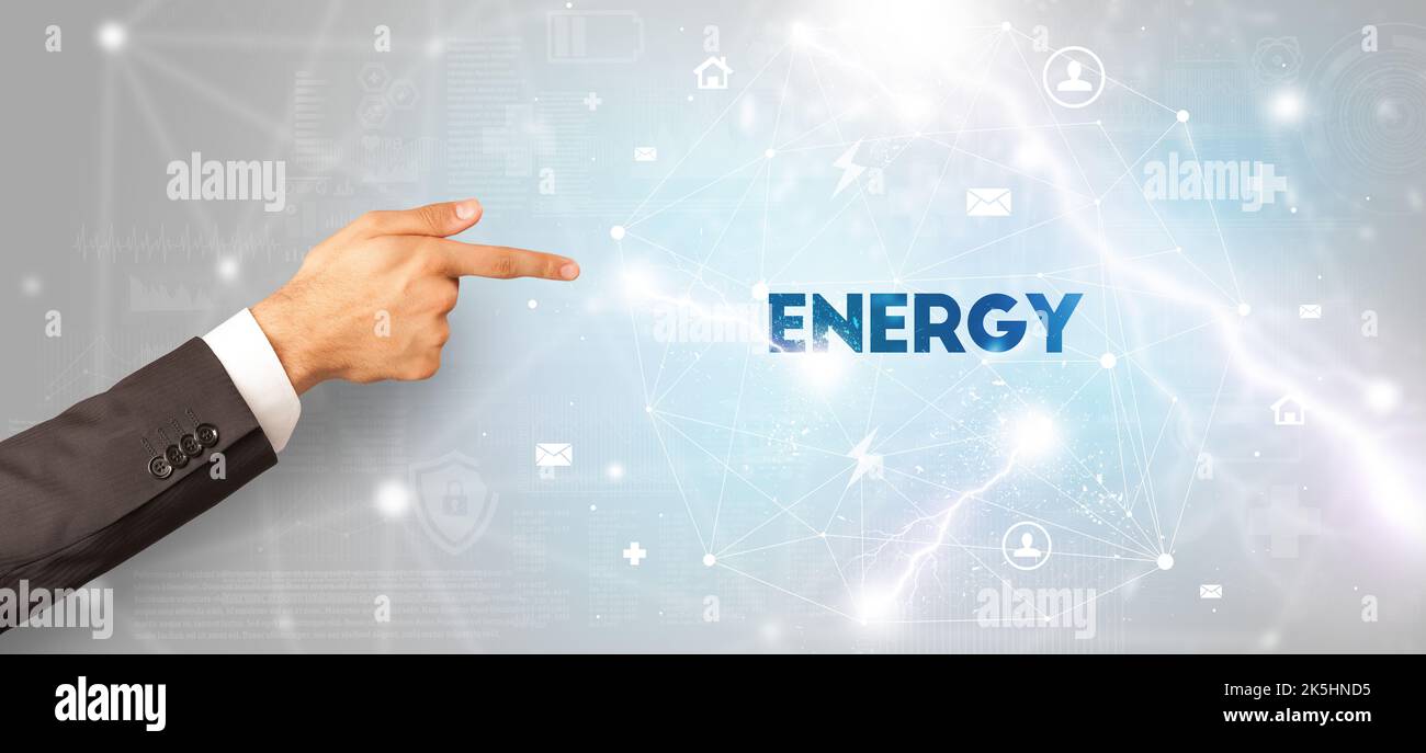 Hand pointing at inscription concept Stock Photo - Alamy