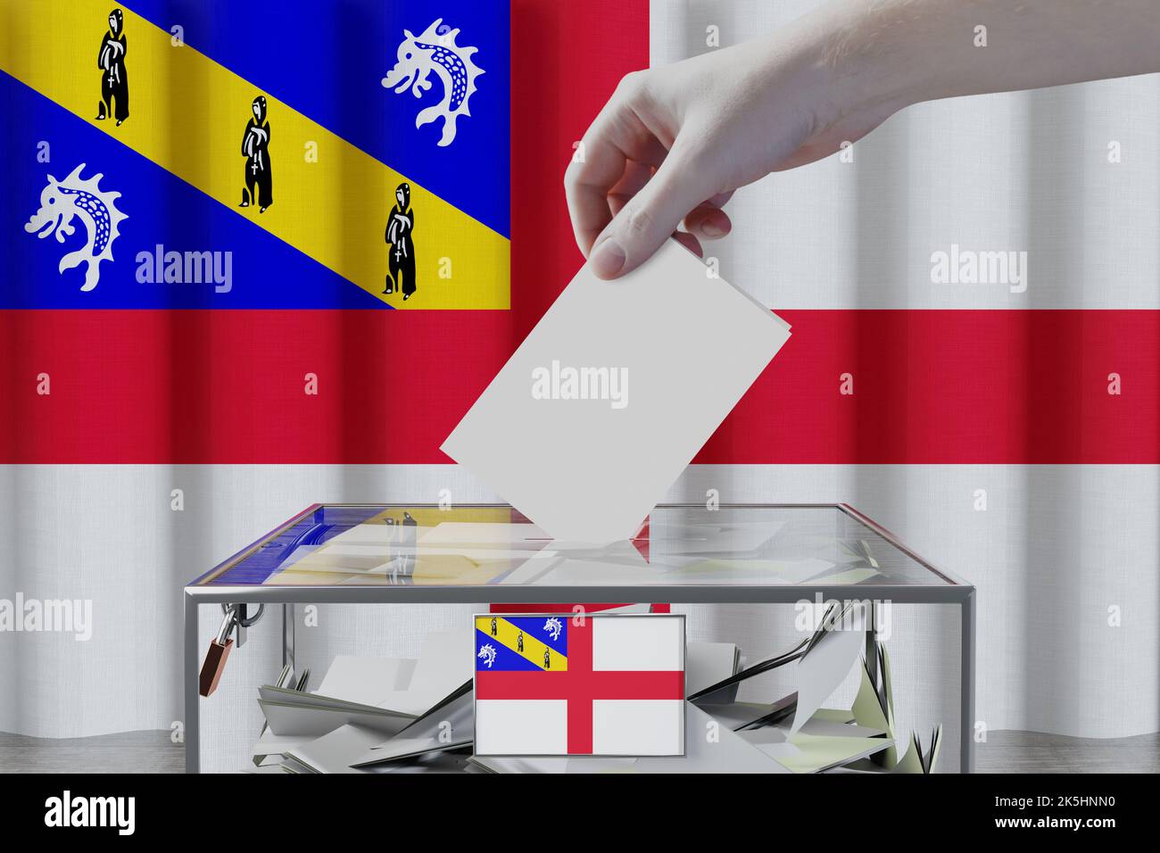 Herm flag, hand dropping ballot card into a box - voting/ election ...