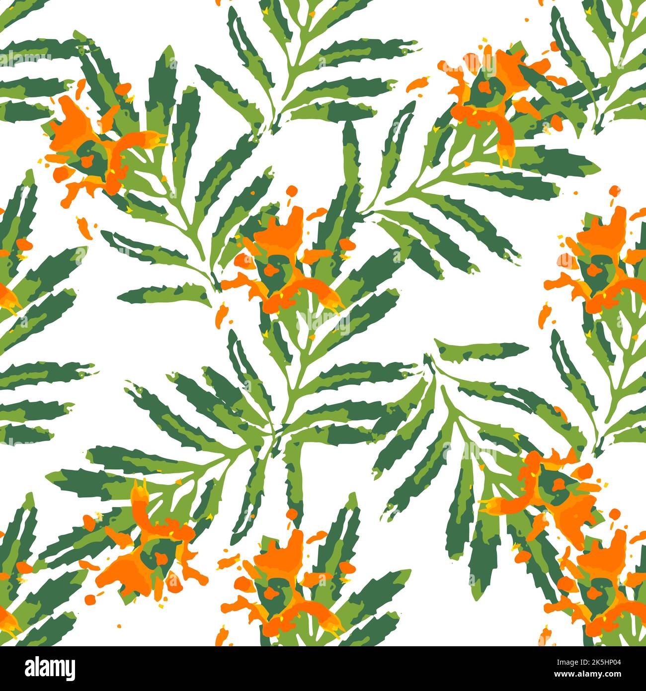 Green marigold leaves and orange flowers prints seamless pattern ...