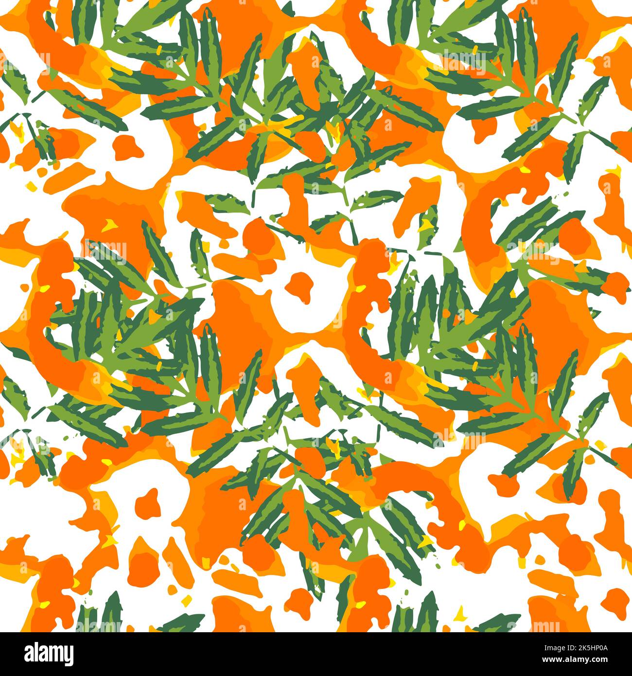 Green marigold leaves and orange flowers prints seamless pattern ...