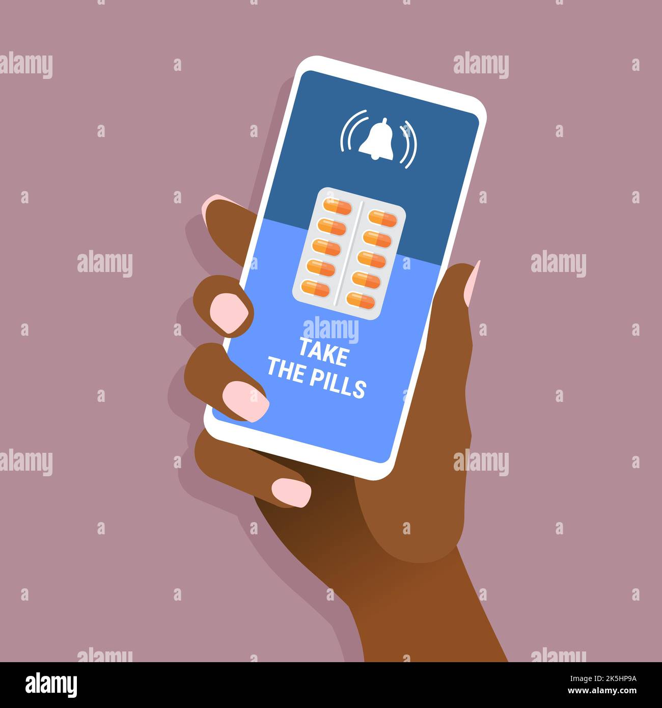 African female hand hold smartphone with take the pills message and ...
