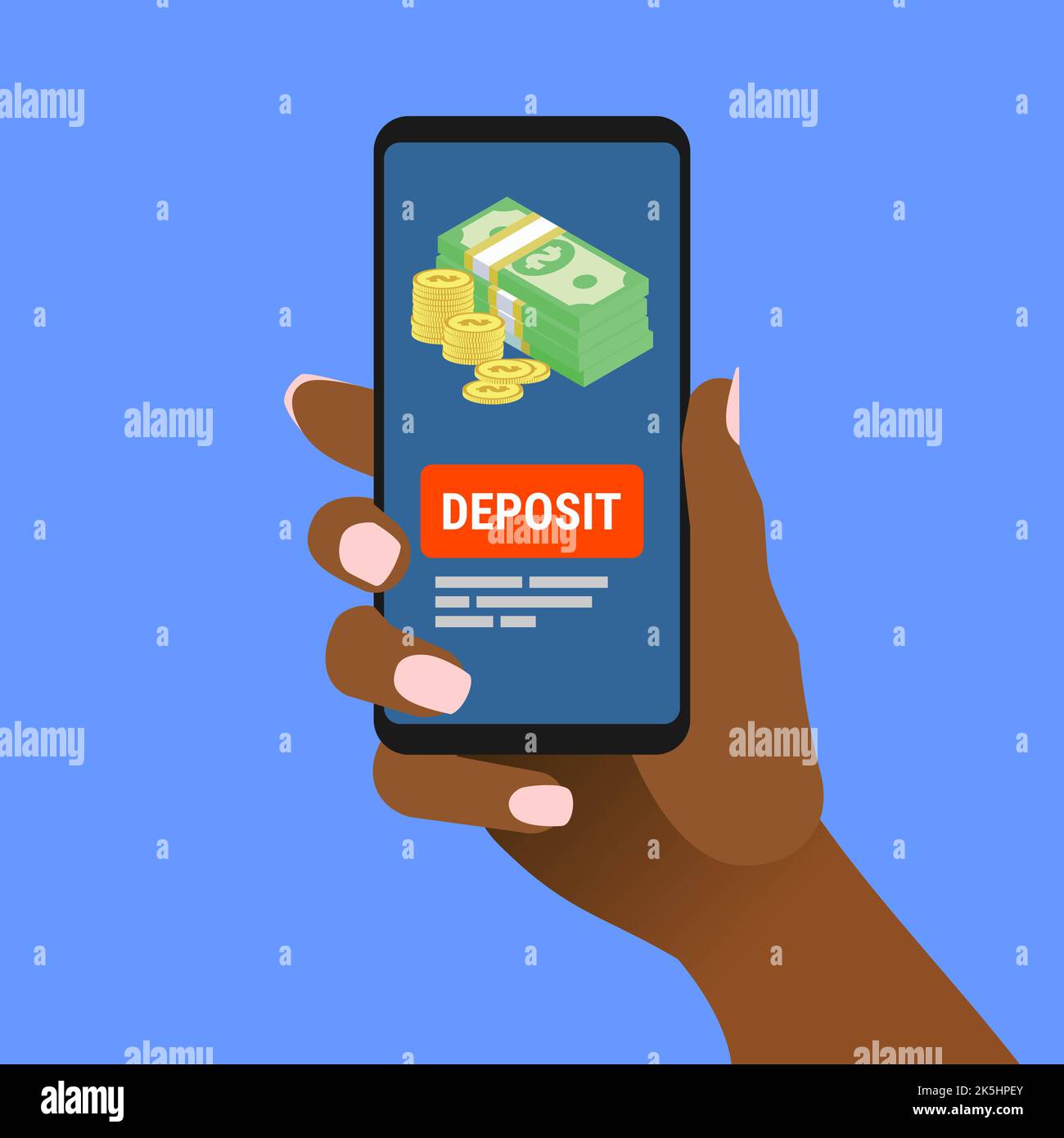 Afro-american female hand hold cellphone with deposit message on screen ...