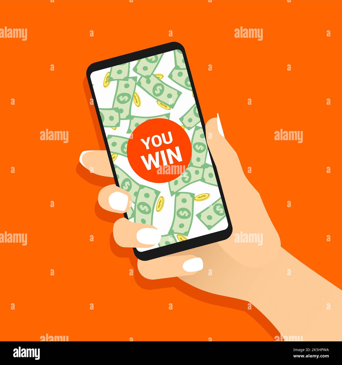 Female hand hold smartphone with you win message on screen. Woman ...