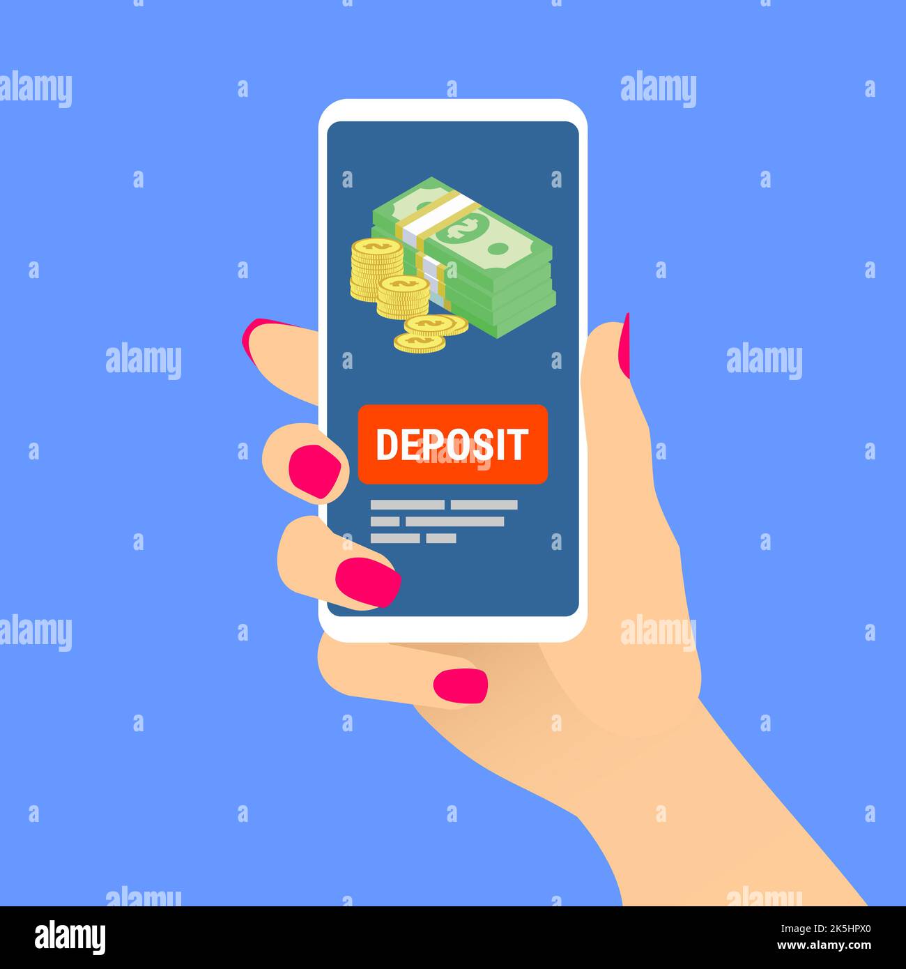 Female hand hold cellphone with deposit message on screen. Woman ...