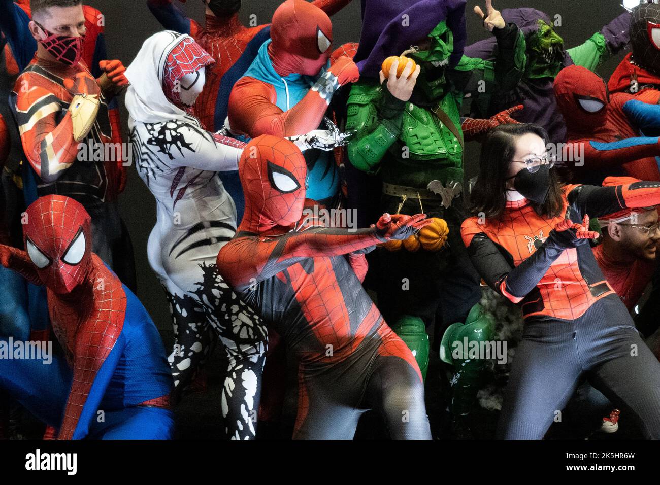 New York, NY, USA. 8th Oct, 2022. Fans participate in a Spider-Man cos ...
