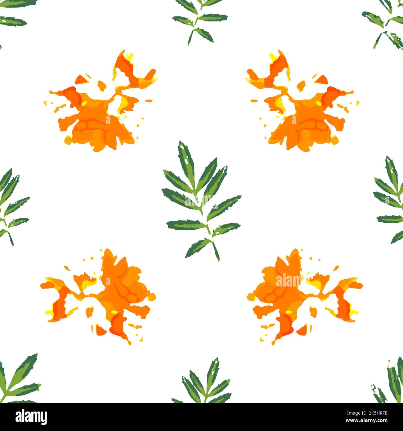 Green marigold leaves and orange flowers prints seamless pattern ...