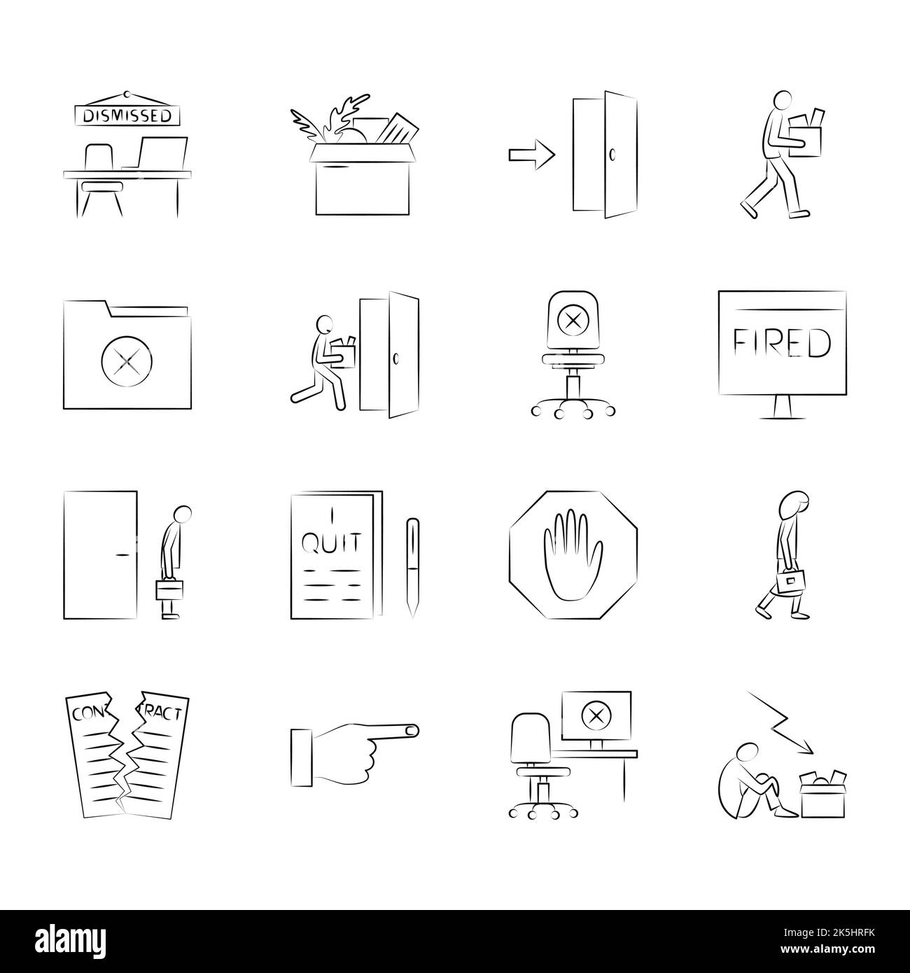 Leaving work and dismissal icon set in sketch style. Quitting job ...