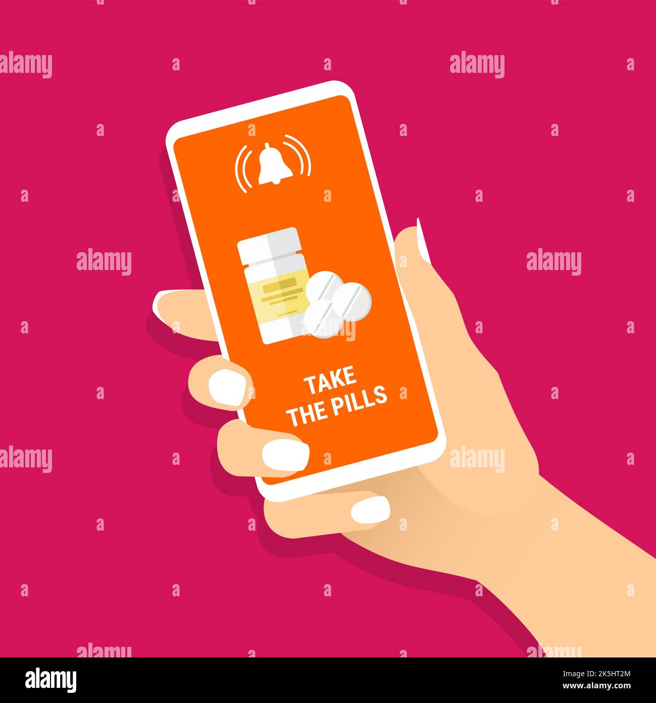 Female hand hold smartphone with take the pills text message and drugs ...