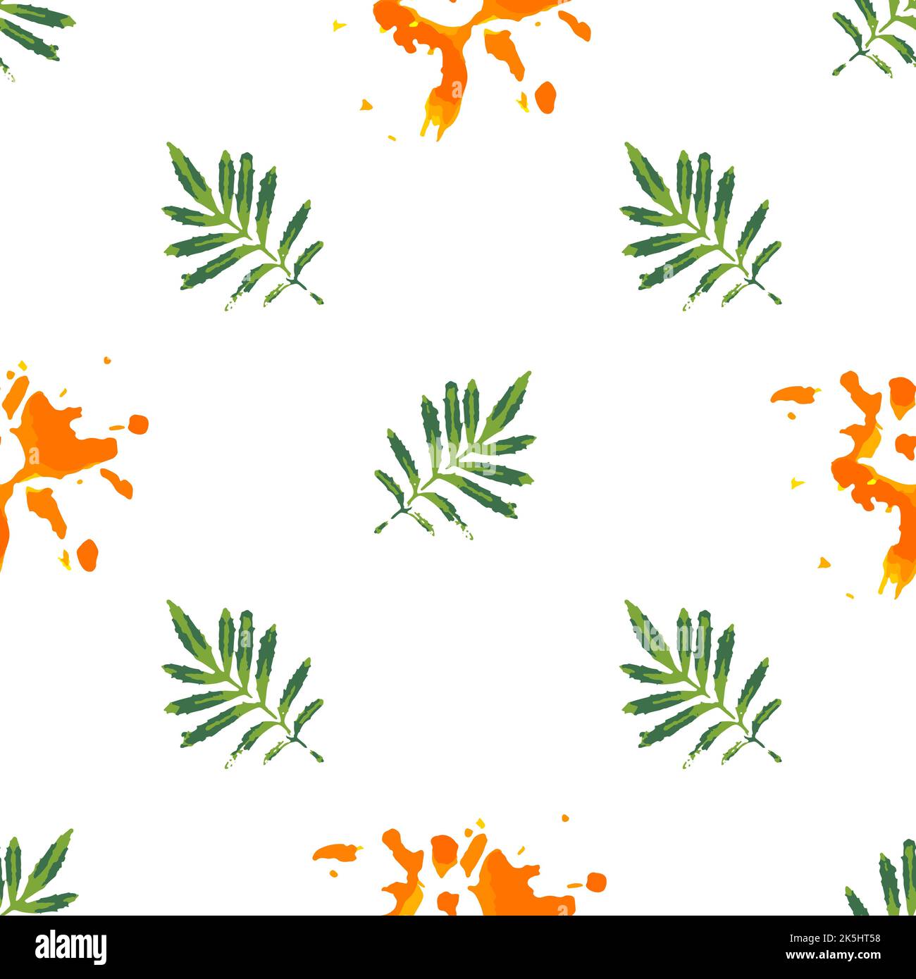 Green marigold leaves and orange flowers prints seamless pattern ...