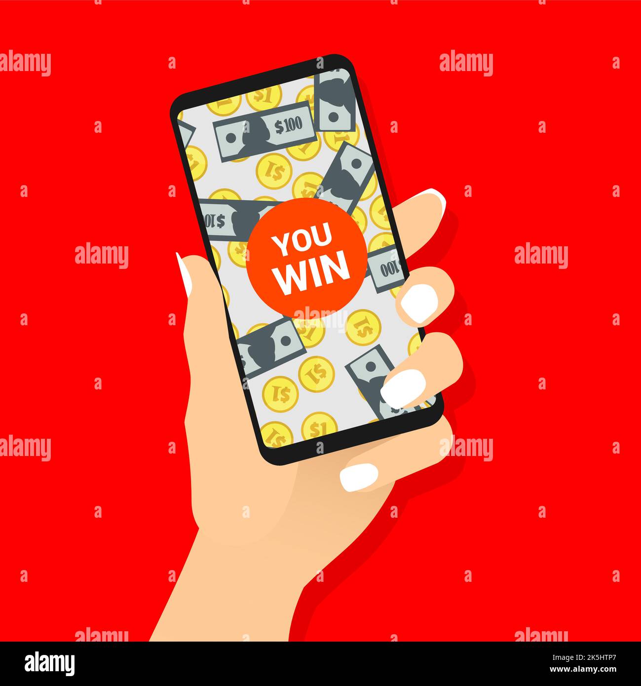 Female hand hold smartphone with you win message on screen. Woman ...