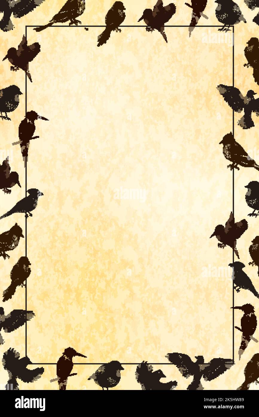 Blank vintage frame with lots of birds of different species in linocut ...