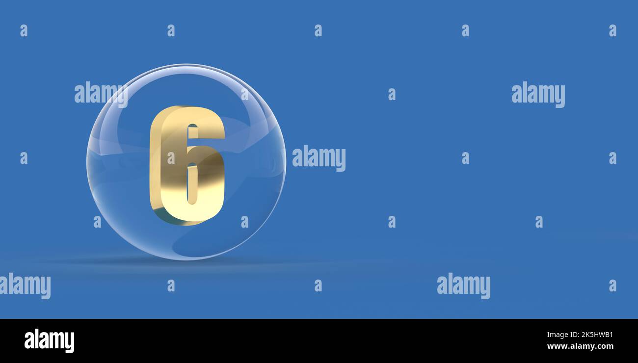 Golden Number 6 Glass sphere on blue background, copy space and ...