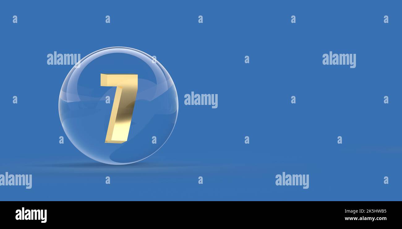 Golden Number 7 Glass sphere on blue background, copy space and ...