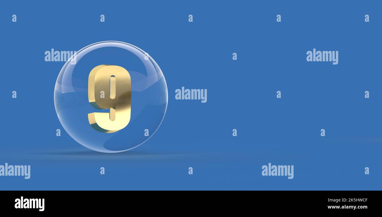 Golden Number 9 Glass sphere on blue background, copy space and ...