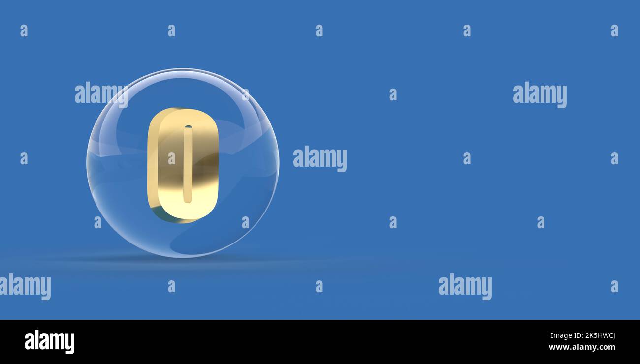 Golden Number 0 Glass sphere on blue background, copy space and ...