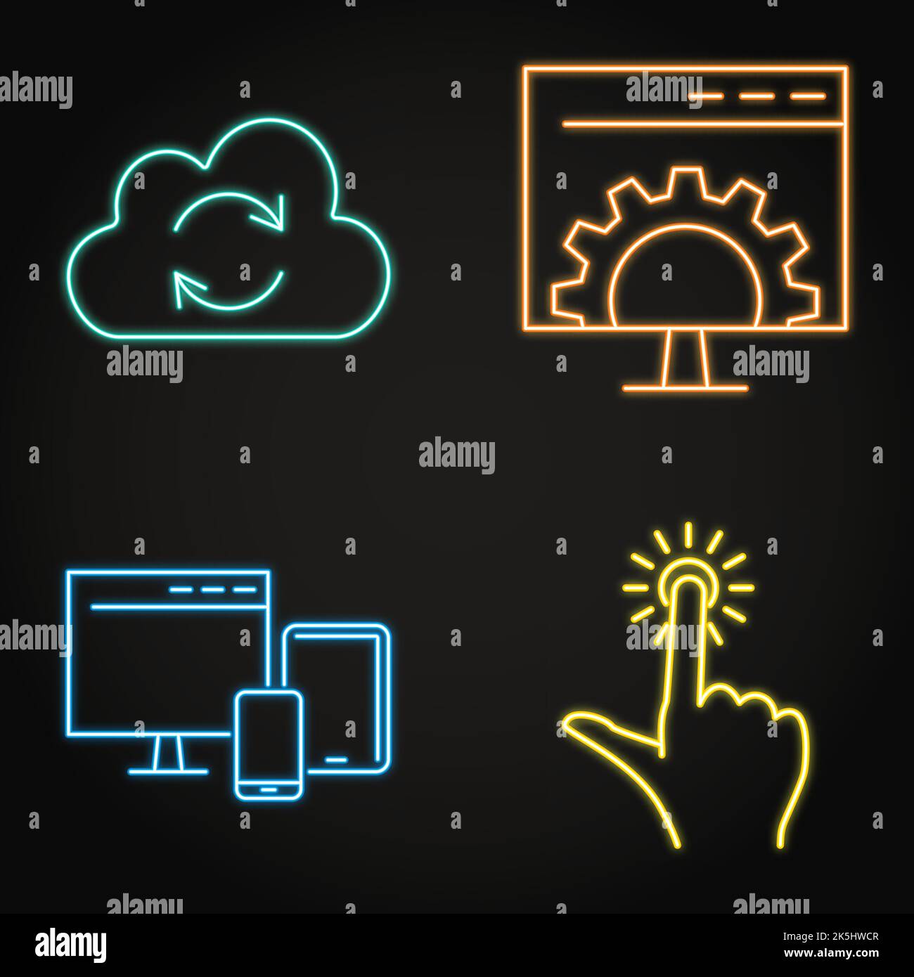 Software as a service benefits neon icon set. Cloud synchronization, multi platform, easy access ...