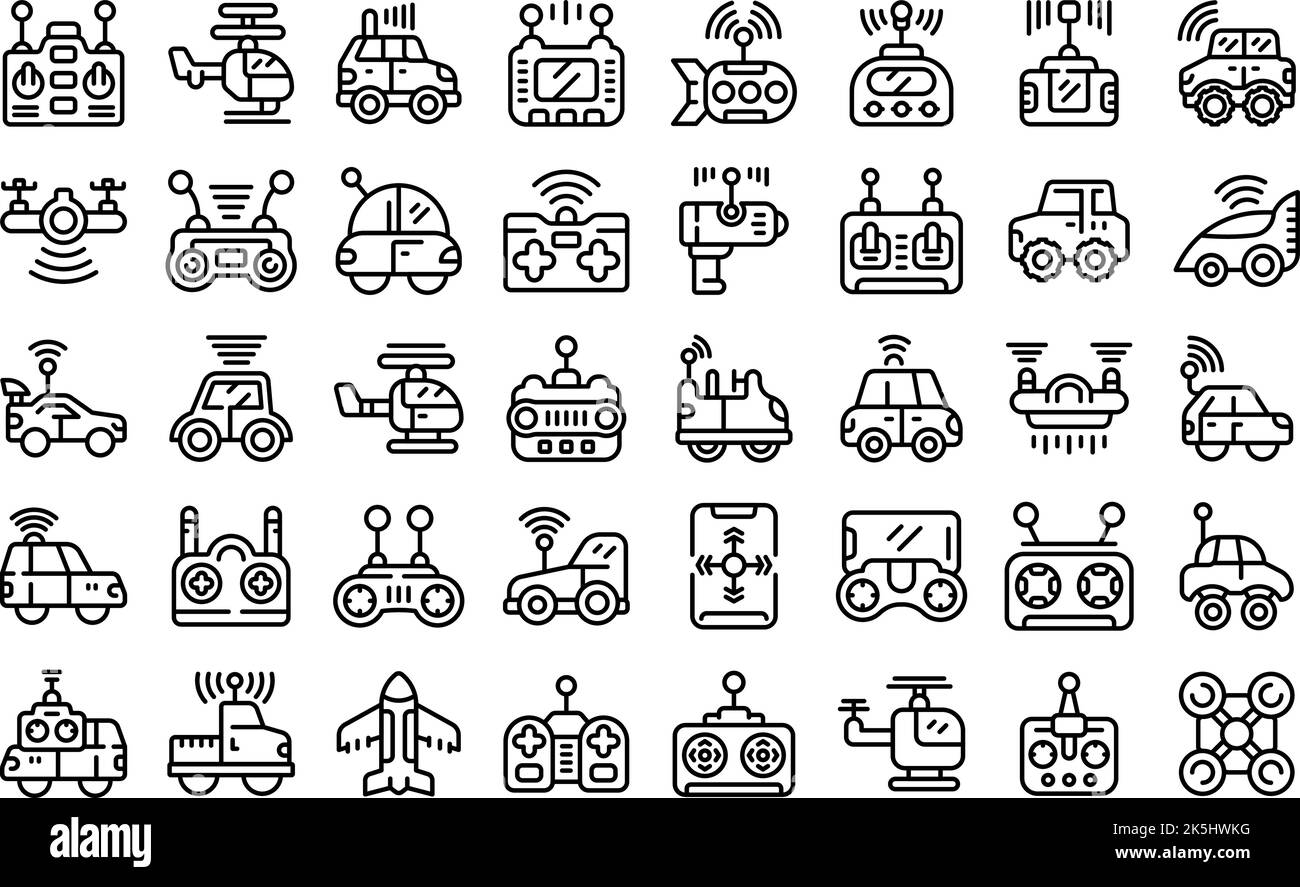 Radio control toys icons set outline vector. Rc helicopter. Toy control ...