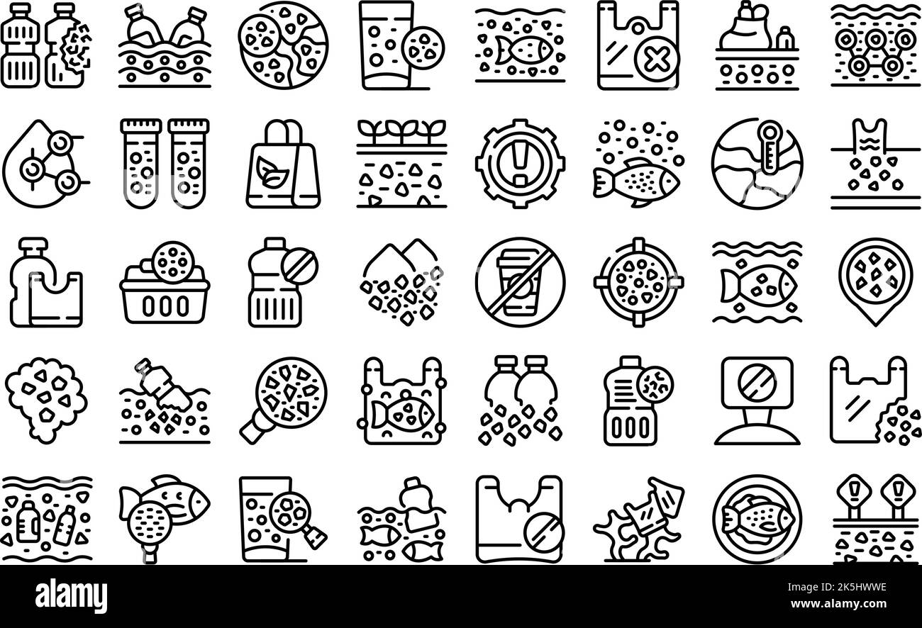 Microplastics pollution icons set outline vector. Fish environment ...