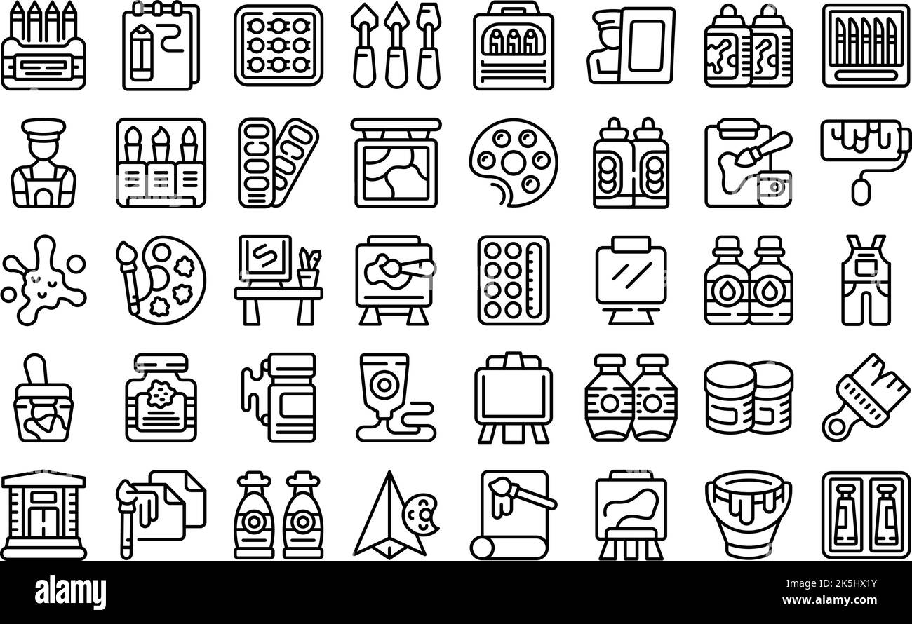 Painting studio icons set outline vector. Woman painter. Cloth artwork ...