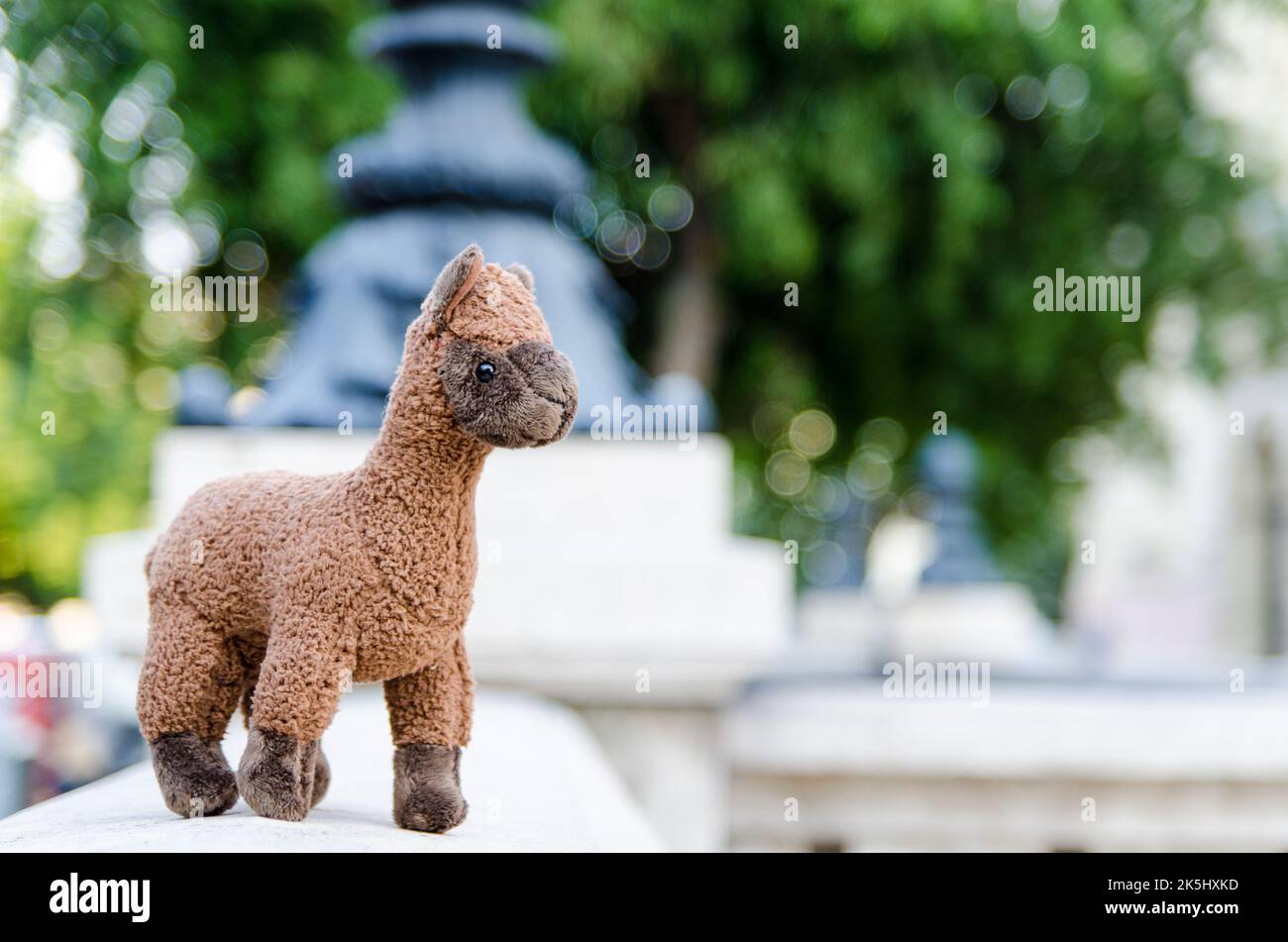 A closeup of a cute brown alpaca toy on a concrete balustrade Stock ...