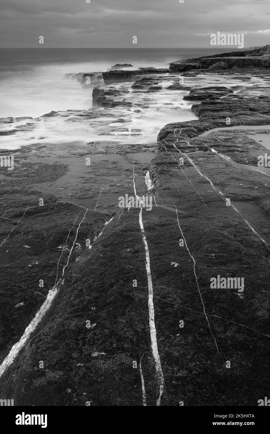 A vertical grayscale of waves washing the sandy beach with rocky cliffs ...