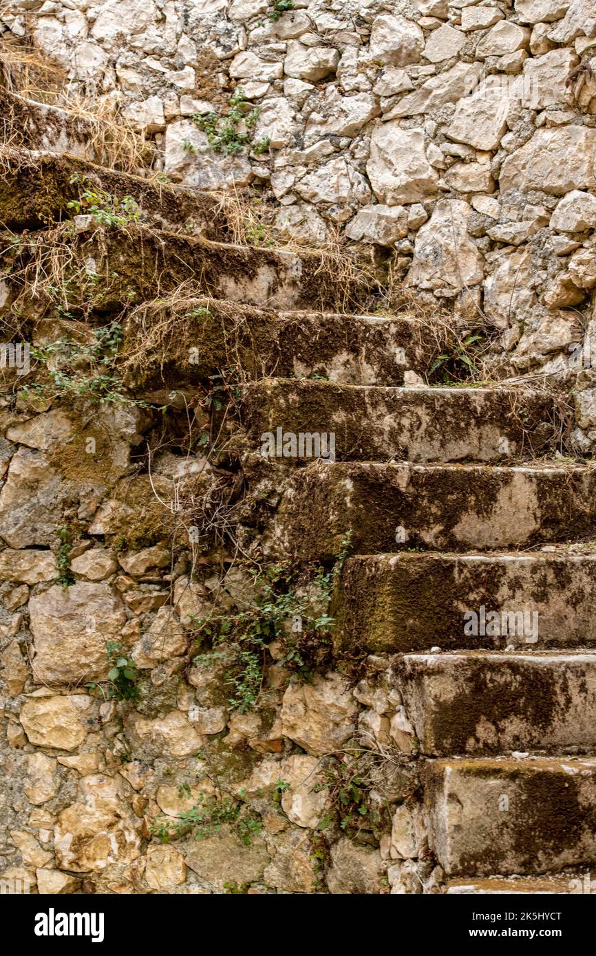 flight of stairs or steps made from stone in an old derelict building ...