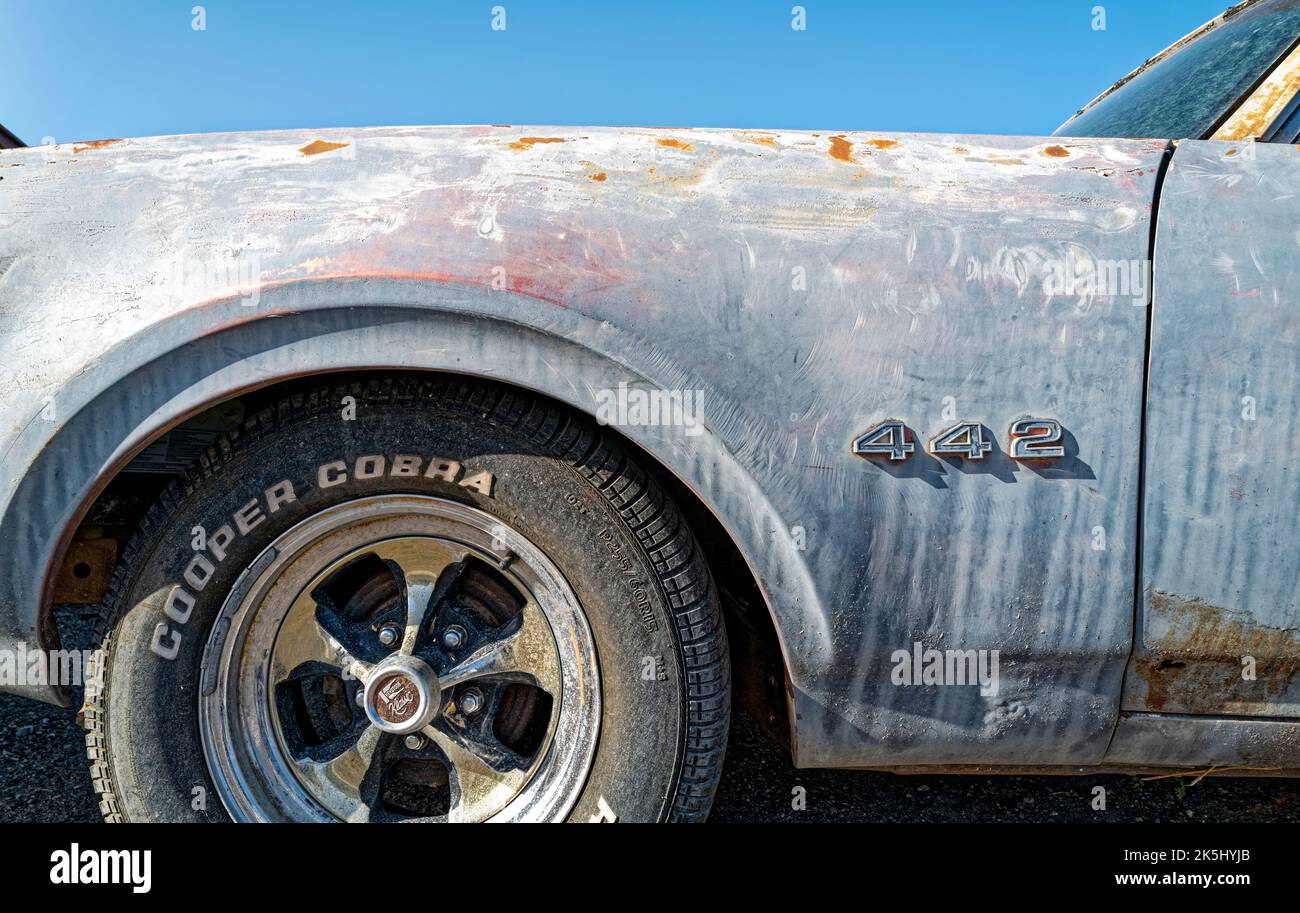 The front driver side quarter panel on an antique Oldsmobile 442 ...