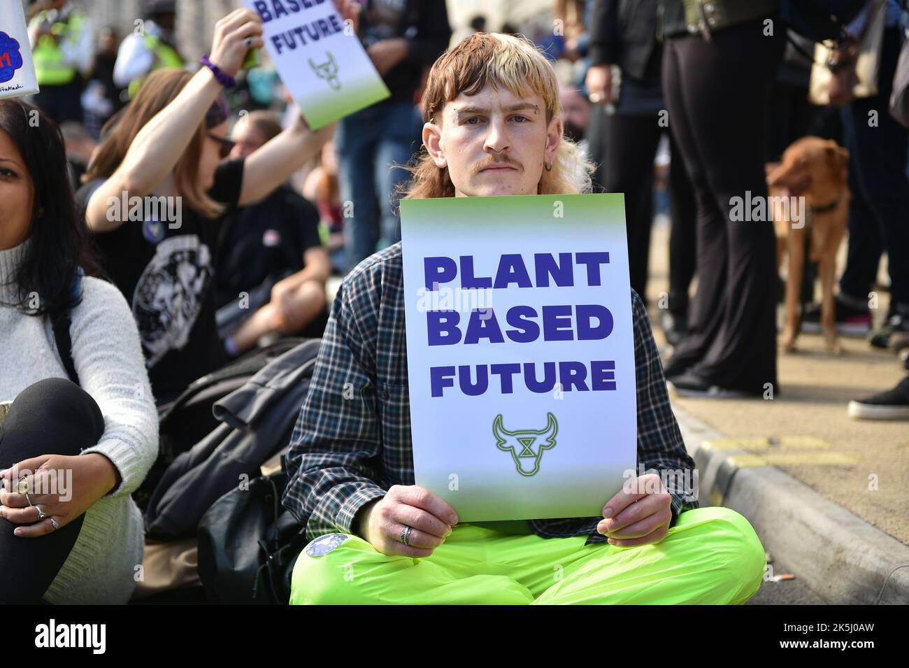 London, England, UK. 8th Oct, 2022. Demonstrators staged a sit-down ...