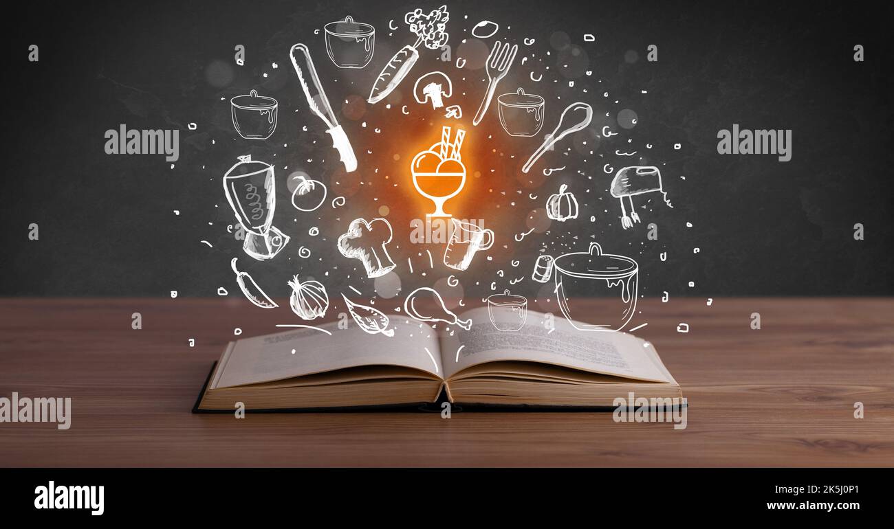 Open recipe book with food related icons above Stock Photo - Alamy