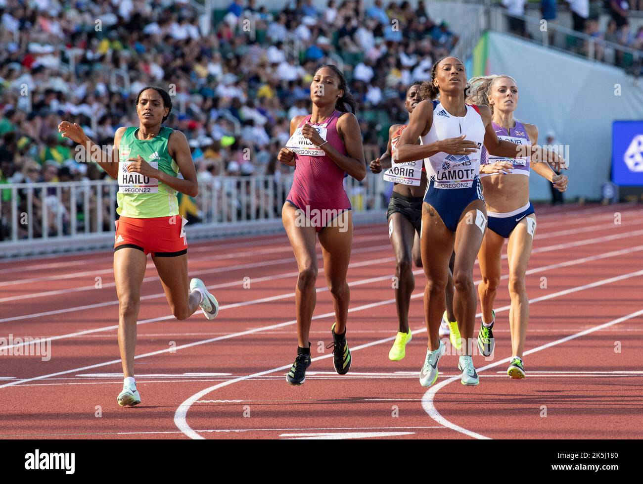 Freweyni Hailu, Ajee Wilson and Rénelle Lamote competing in the women’s ...