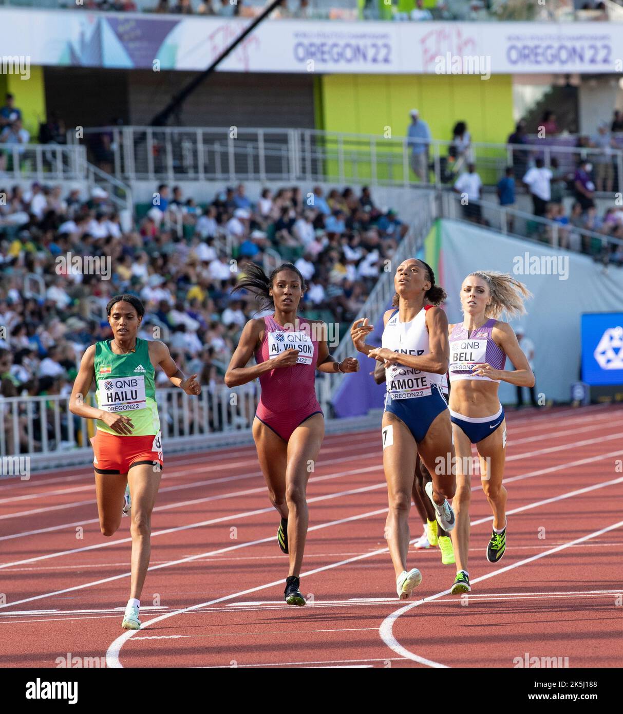 Freweyni Hailu, Ajee Wilson and Rénelle Lamote competing in the women’s ...