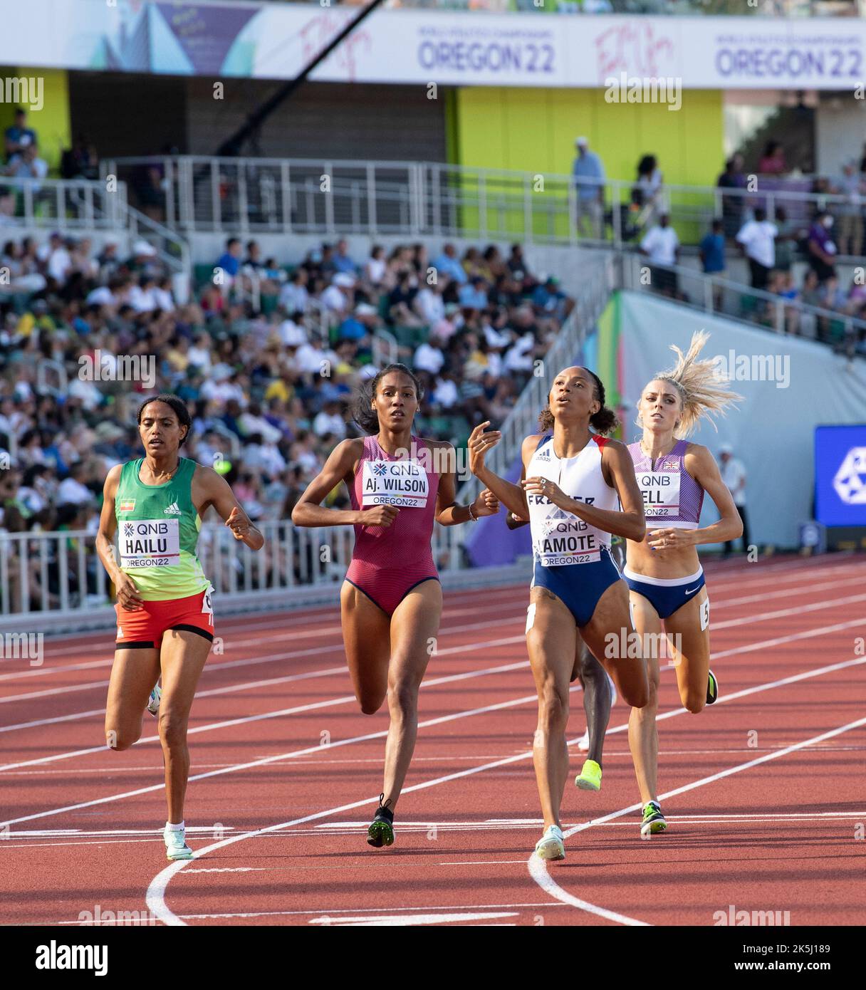 Freweyni Hailu, Ajee Wilson and Rénelle Lamote competing in the women’s ...