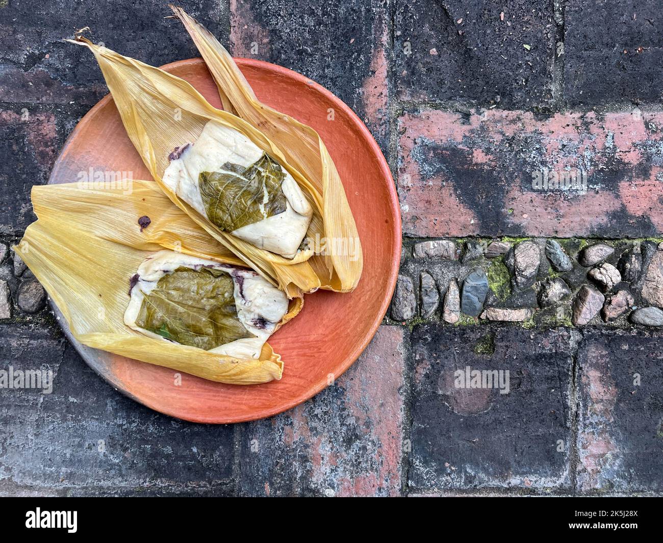 Two Oaxacan tamales on a clay plate made with hoja santa and filled ...